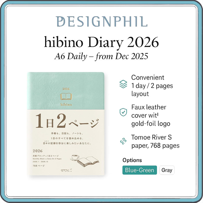 Midori Hibino 2026 Daily Diary Planner A6 Size - Camel, Grey, Blue ...