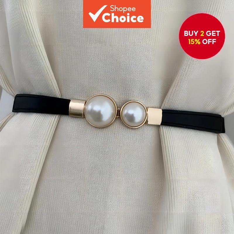 2025 New Trendy Imitation Pearl Buckle Elastic Adjustable Retro Belt ...