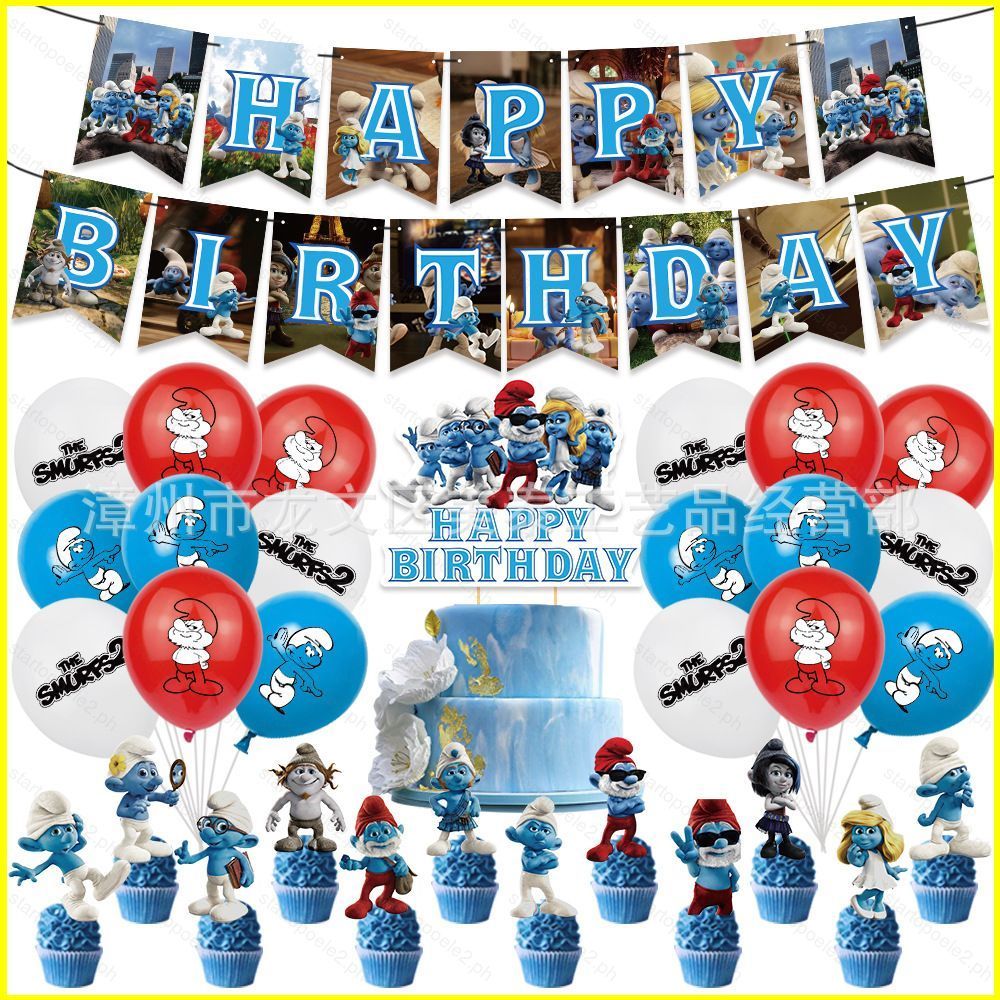 ST2 The Smurfs Theme kids birthday party decorations banner cake topper ...