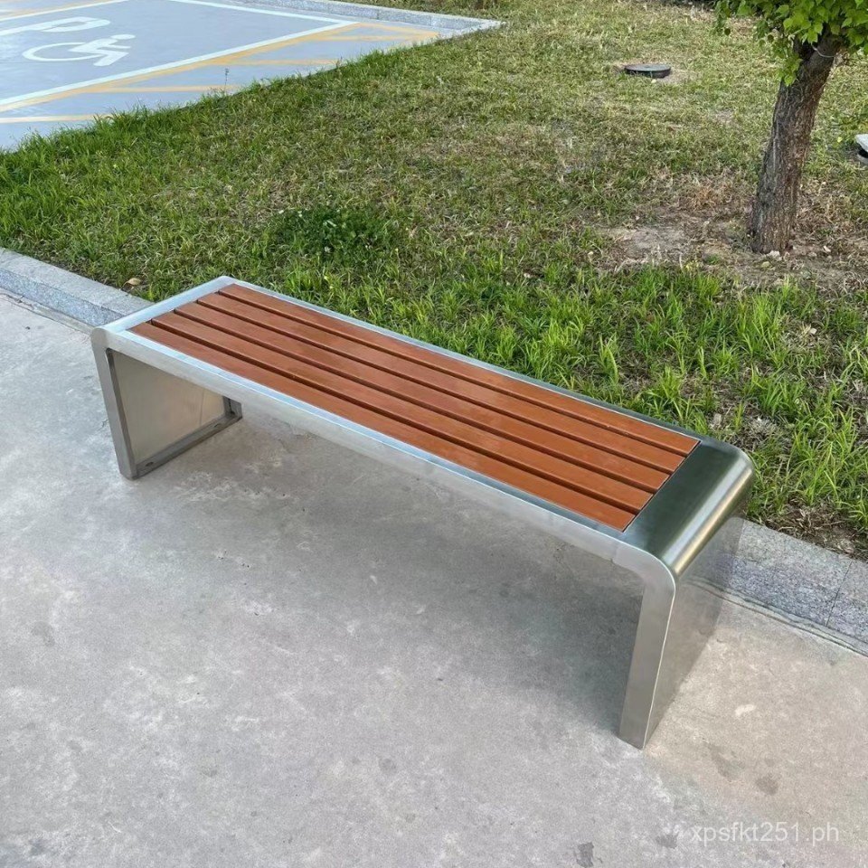 Outdoor Stainless Steel Bench Seat Solid Wood Strip Long Bench Cast ...