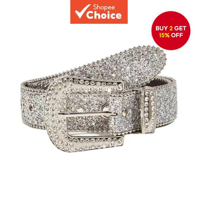 Fashion Rhinestone Belt Adjustable Shiny Sequin PU Leather Waist Belt ...