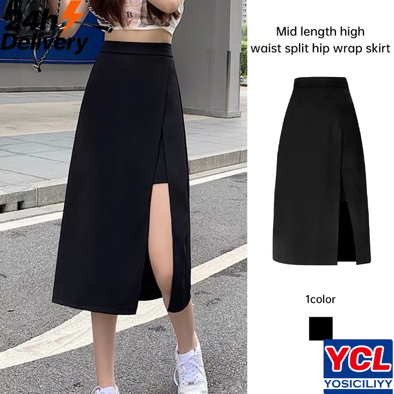 Autumn Mid-length Skirt Women High Waist Split Crotch Covering A-line ...