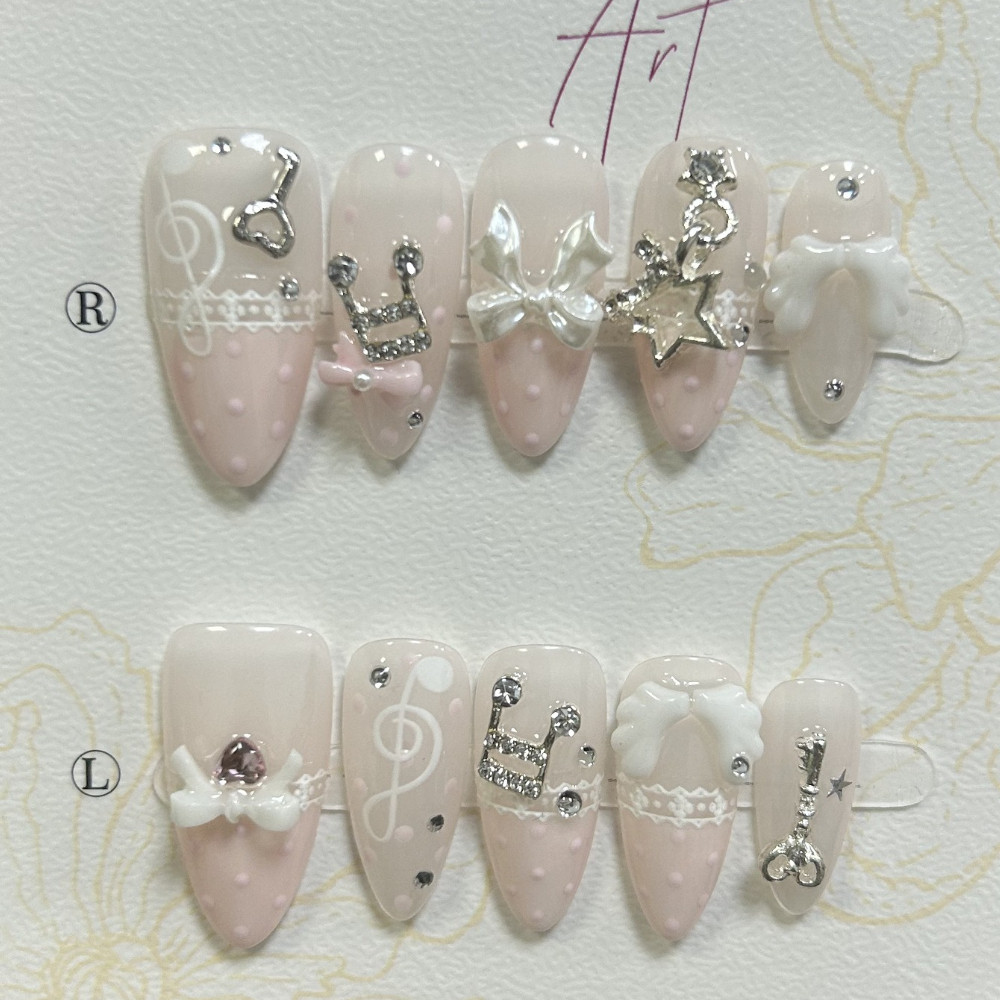 Musical Notes Pink Retro Cute Lace Polka Dots French Almond Press On ...