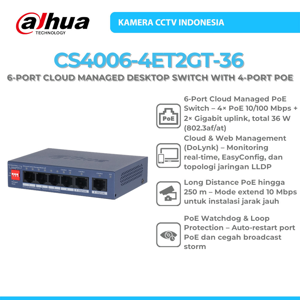 DAHUA CS4006-4ET2GT-36 6-PORT CLOUD MANAGEMENT DESKTOP SWITCH WITH 4 ...