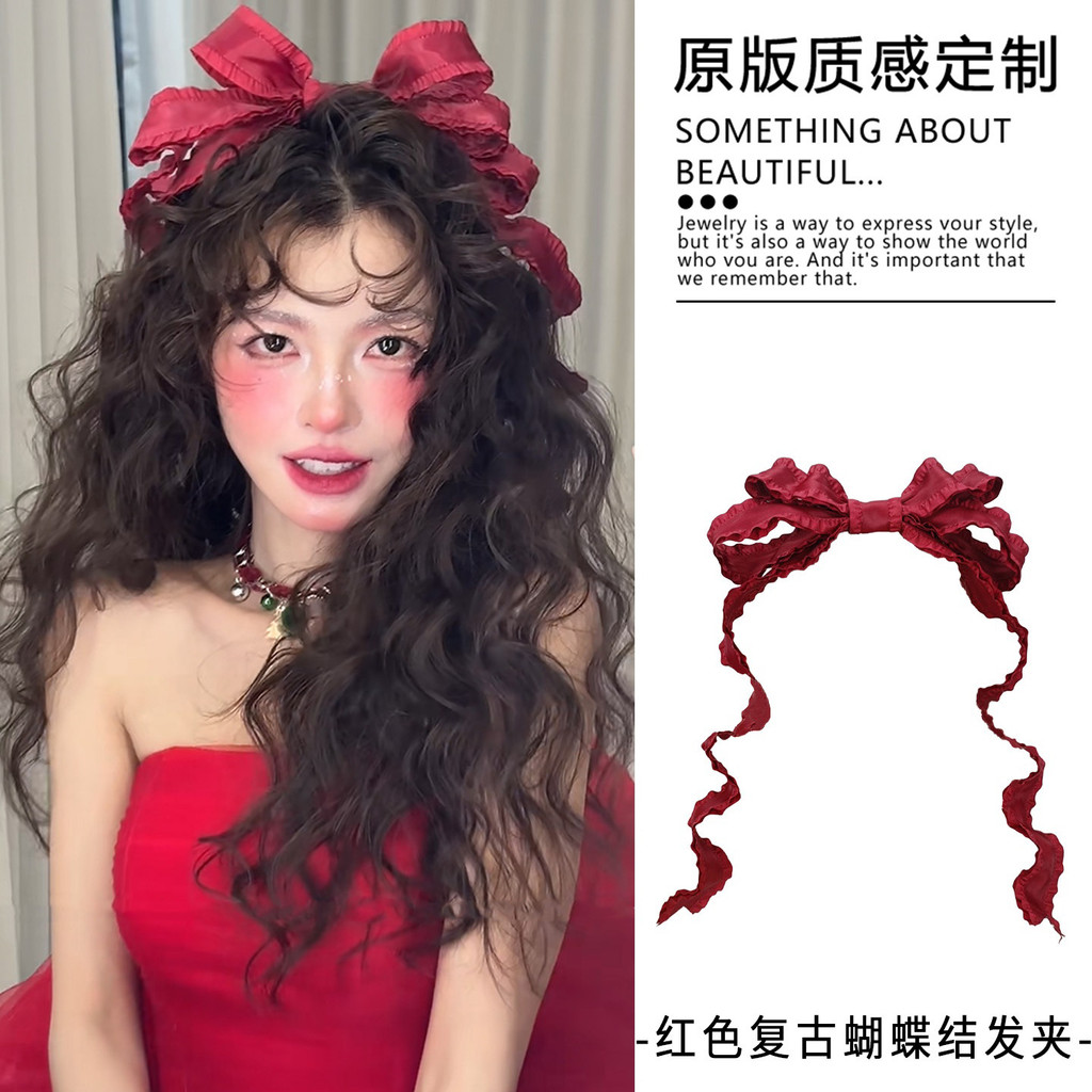 Retro Temperament Red Bow Long Streamer Hair Clip Simple Fashion Half ...