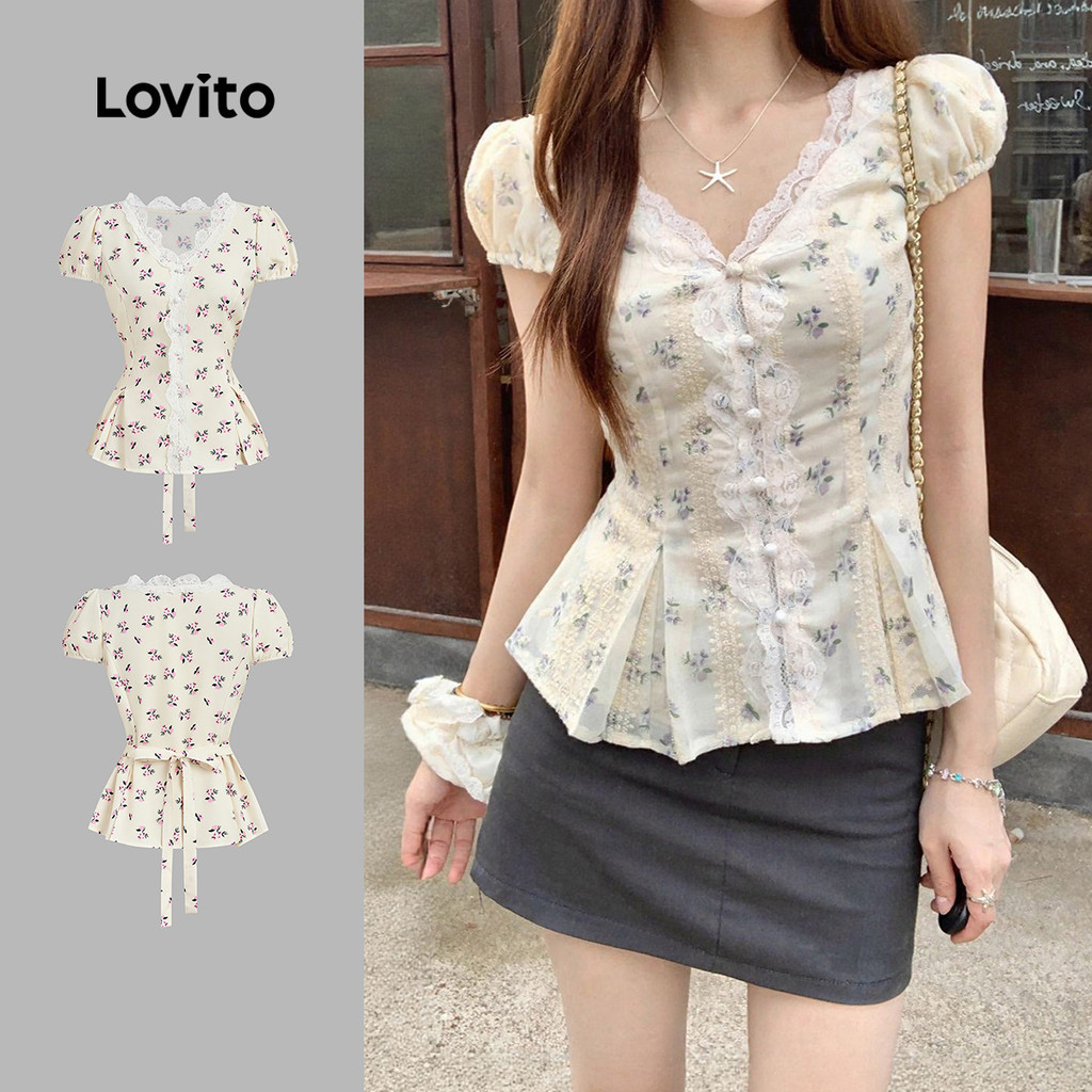 Lovito Casual Women Cute Blouse Lace Button Front Spring/summer Blouse ...