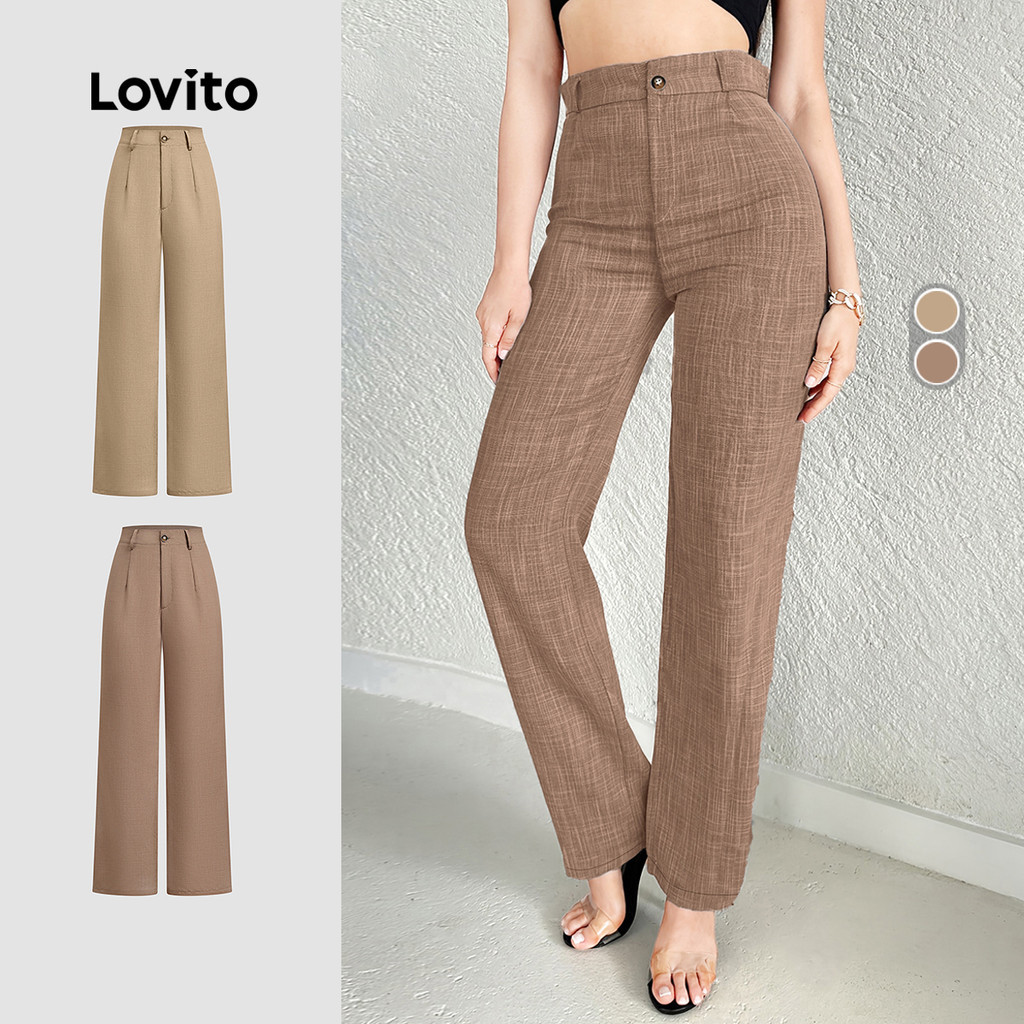 Lovito Elegant Women Pants Button Commute Spring/summer Khaki Pants ...
