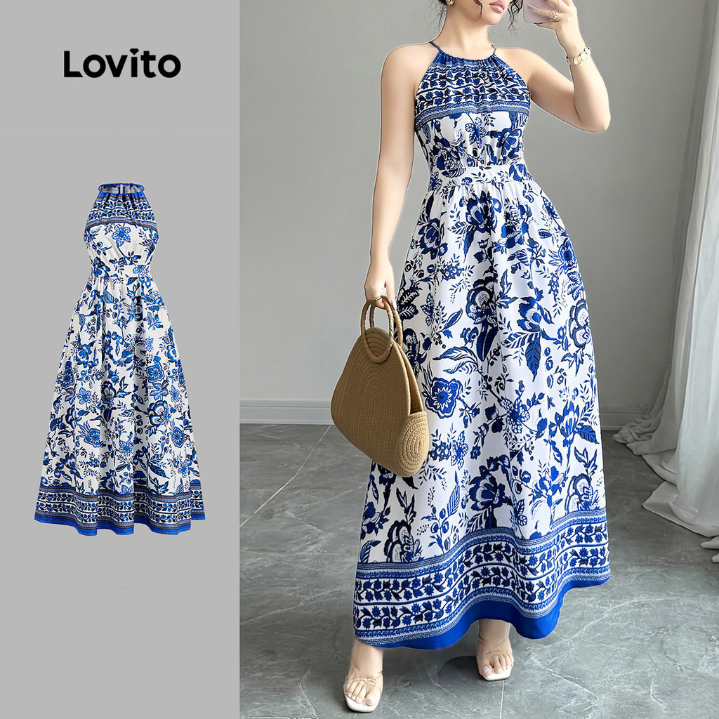 Lovito Boho Women Dress Tie Back Spring/summer Blue and White Dress ...
