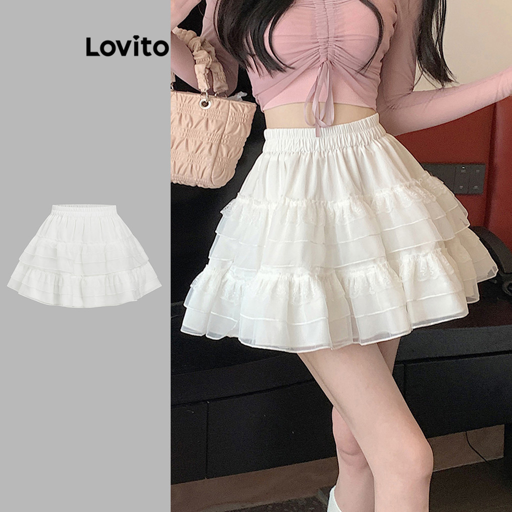 Lovito Casual Women Cute Skirts Plain Tiered Layer Lace Contrast Mesh ...