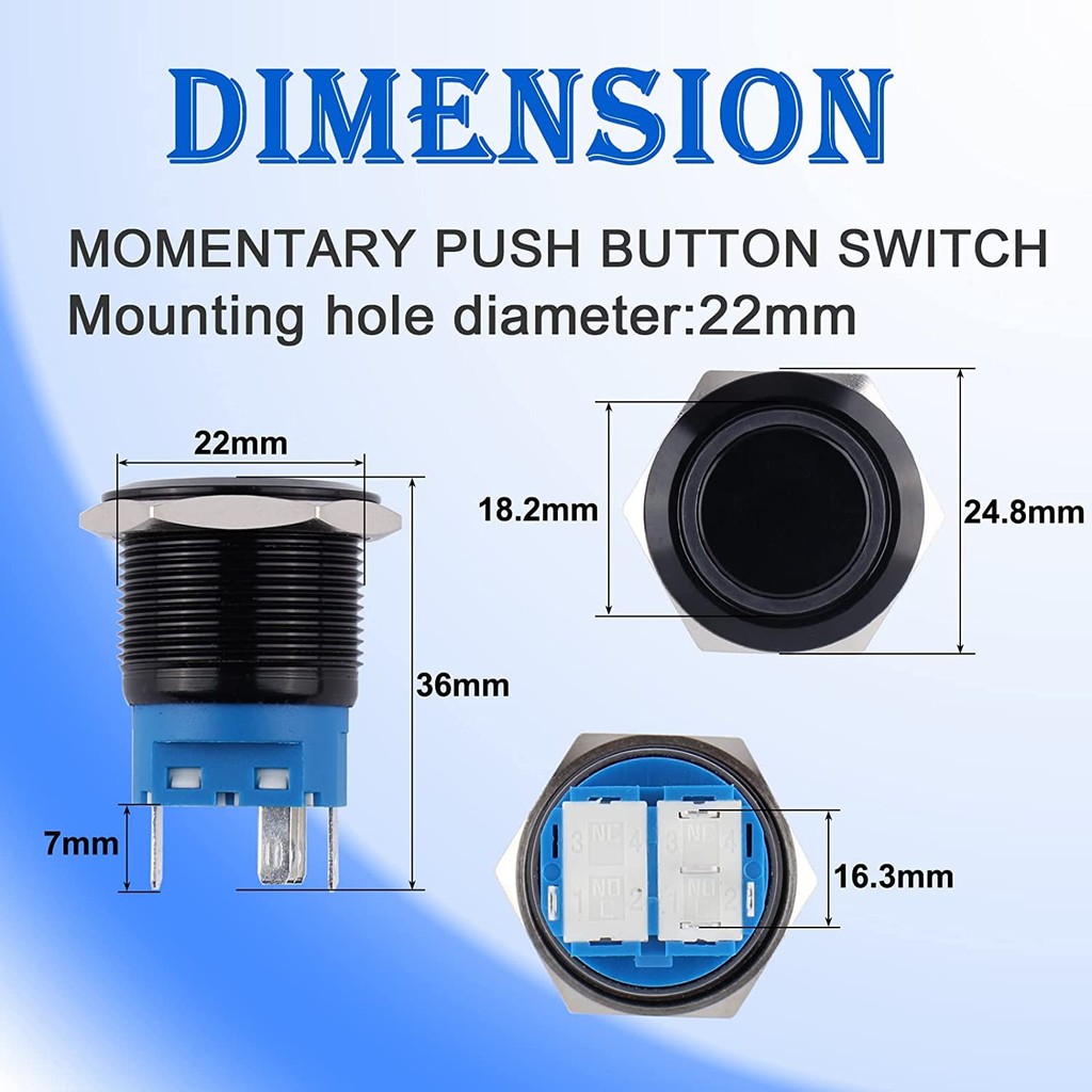 22mm Momentary Push Button Switch Waterproof 12V-24V 1NO 1NC Black ...