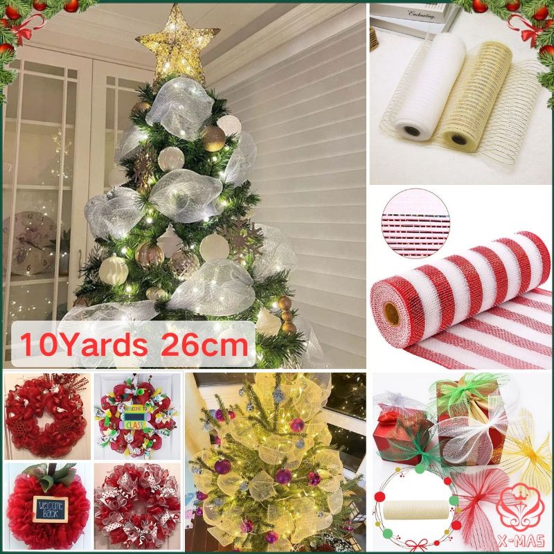 10 Yard 26cm Christmas Mesh Ribbon / DIY Xmas Tree Wreath Decor Ribbon ...