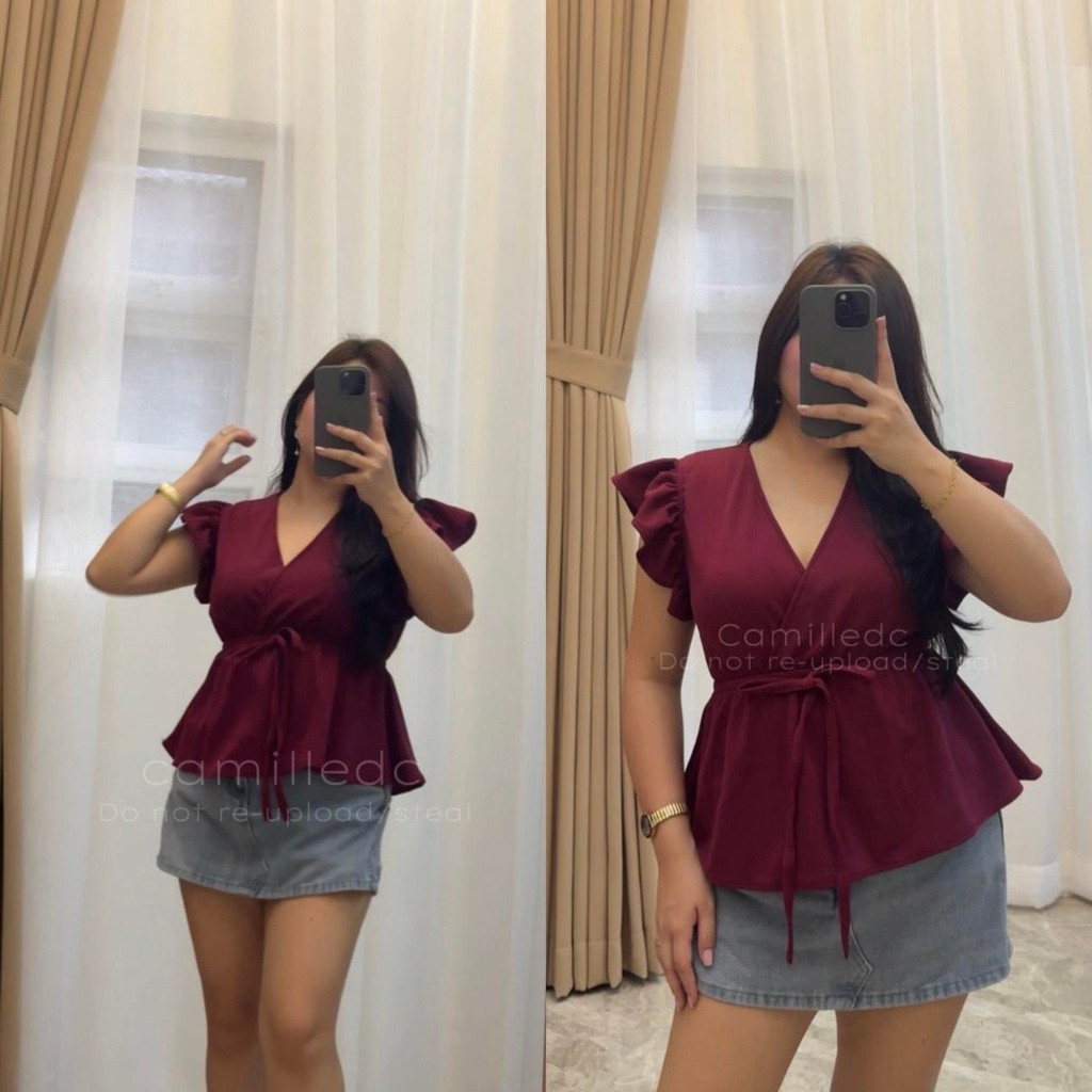 1130-Ruffle Sleeve Cotton crepe Sleeveless V-neck Ribbon very comfy to ...