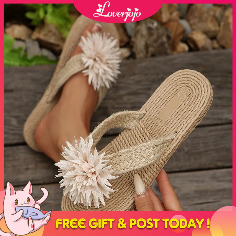Loverjojo Flowers Decor Bohemian Beach Flip Flops Women Summer Straw ...