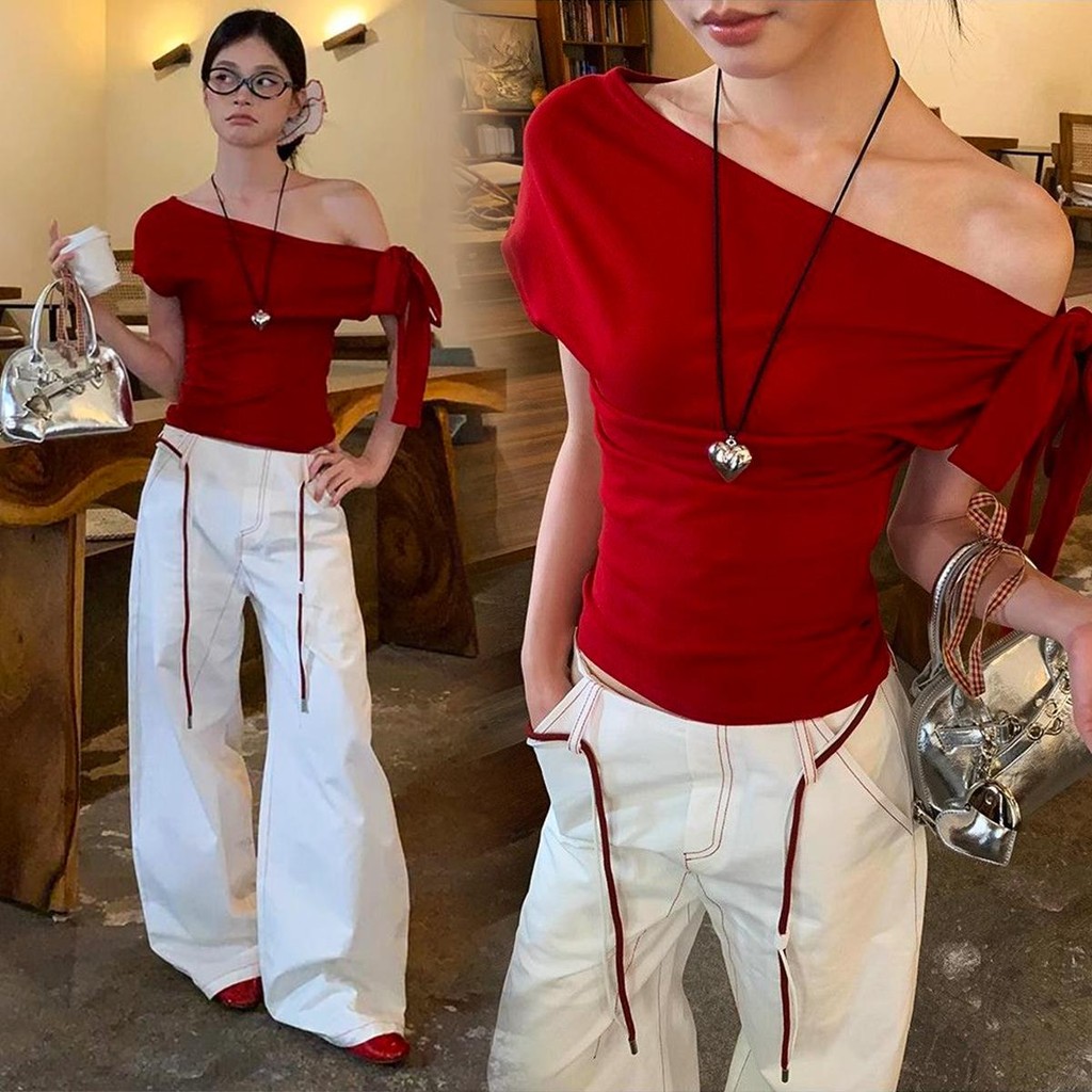 K-Collective Women's Off-Shoulder Short-Sleeved Red T-Shirt Slim ...