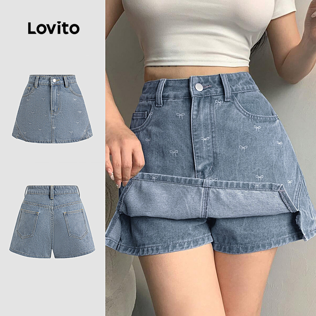 Lovito Women Casual Denim Shorts Fake 2 in 1 Button Spring/summer Light ...