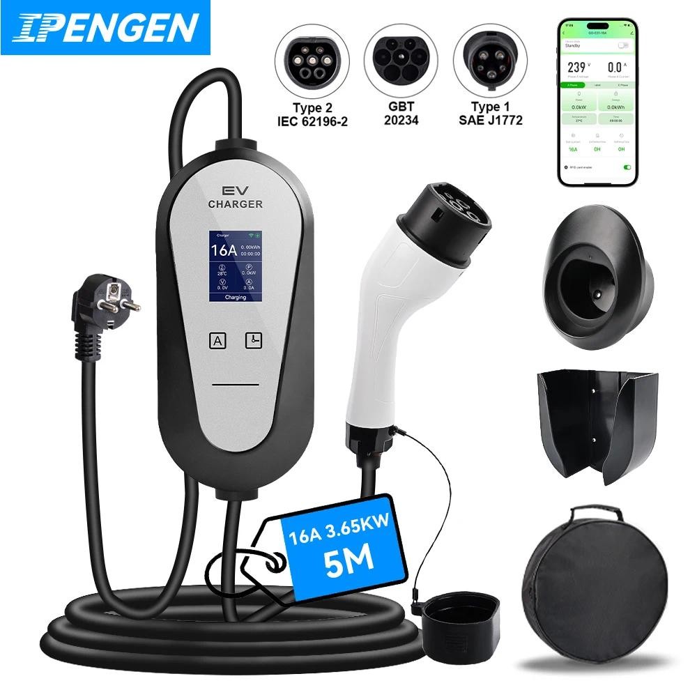 IPENGEN Type2 EV Charger WIFI APP Control 16A 3.5KW GBT 5M Cable Type1 ...
