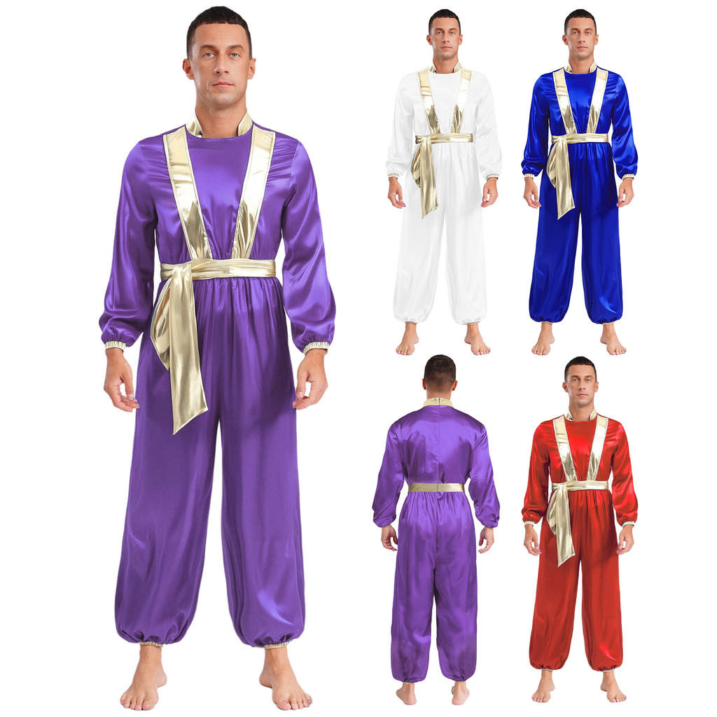 inlzdz Men Arabian Prince Costume Long Sleeves Back Zipper Gold Shiny ...