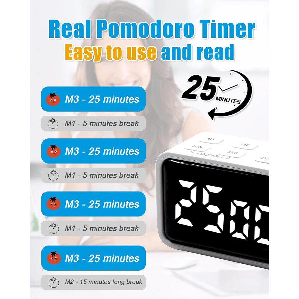 Digital Pomodoro Timer, Desk Timer for Productivity, 5/15/25-Minute ...