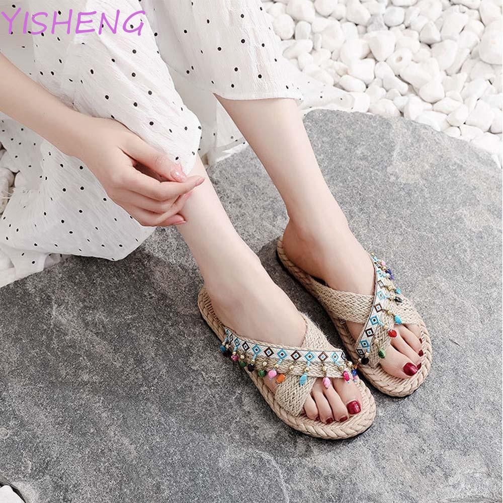 Yisheng58BS Straw Flip Flops - Tassel Detail, Linen Upper, TPR Sole ...