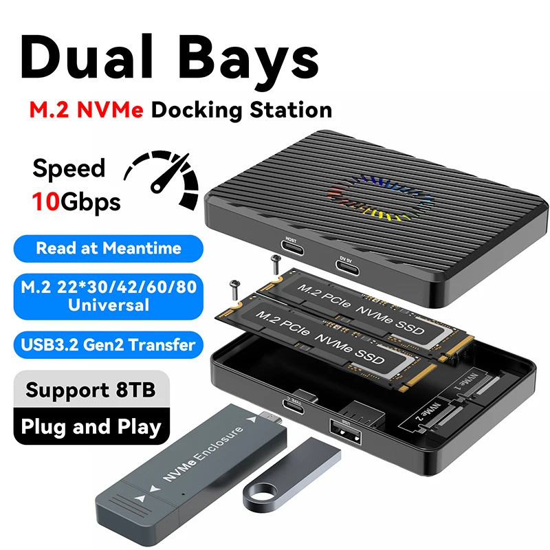Dual Bays M.2 NVME Docking Station with 10Gbps USB3.2 Gen2 + 10G Type-C ...