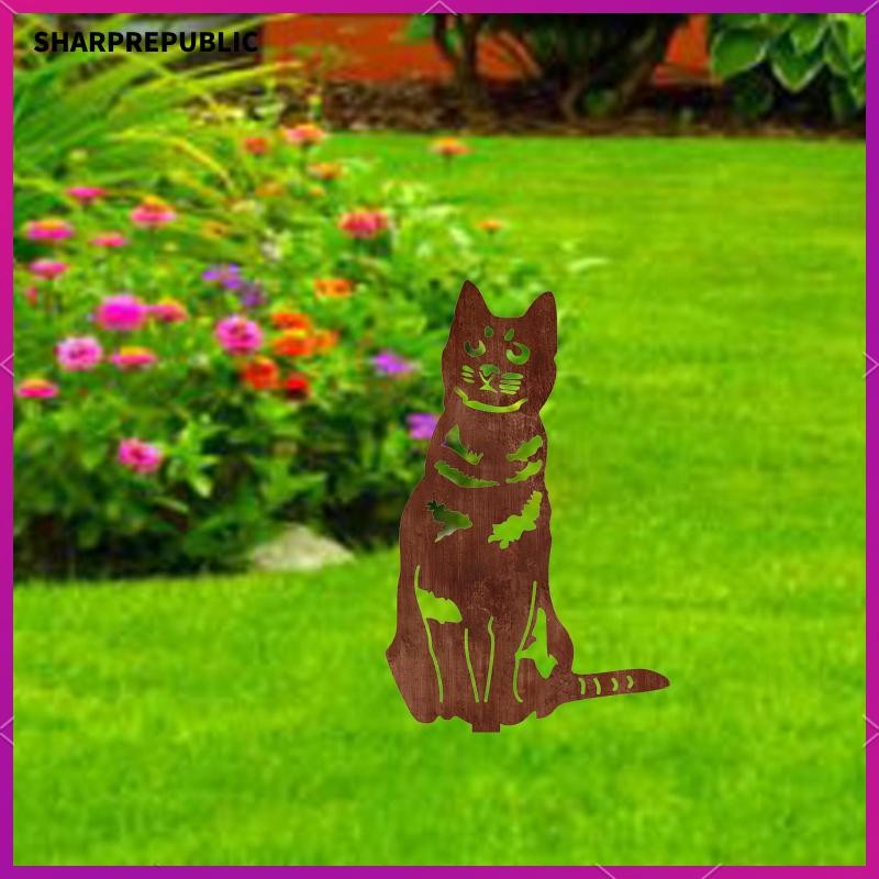 [Sharprepublic] Yard Stake Cat Statue Iron Yard Decor Yard Sign for ...