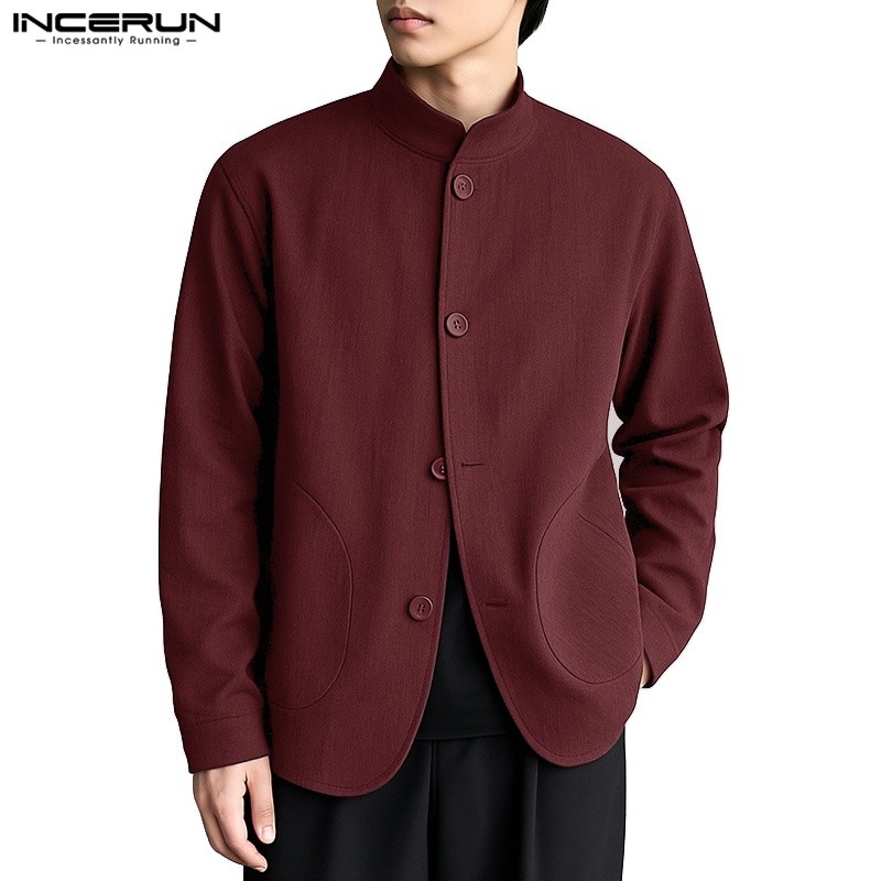 INCERUN Men Korean High Quality Stand Neck Long Sleeve Single-Breasted ...