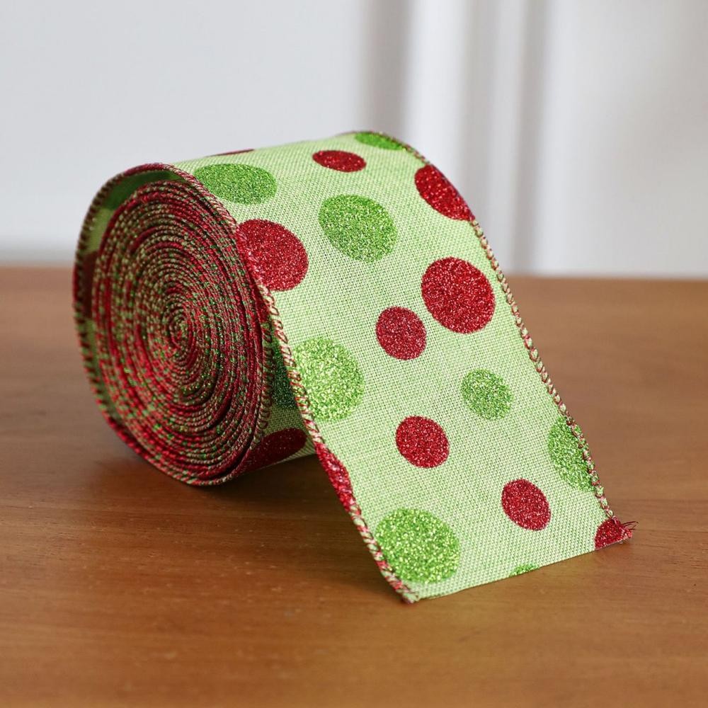 2.5inch/2 Yards Christmas Wired Ribbon Red Green Glitter Dot Stripe ...