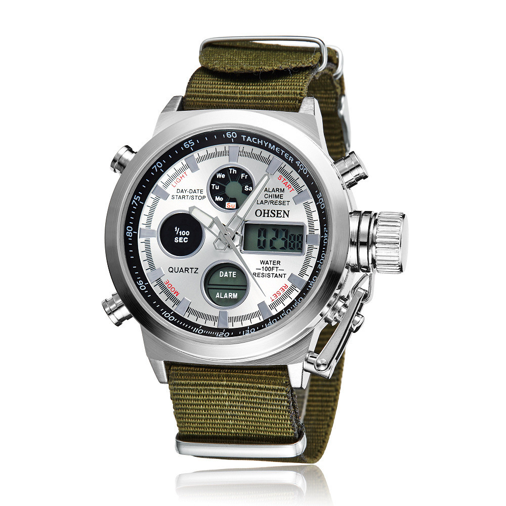 OHSEN Aosheng Watch Green Canvas Strap Dual Display Quartz Watch Men's ...