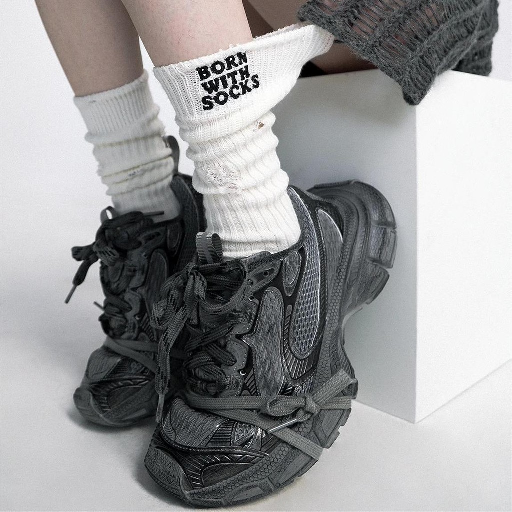 Beggar Calf Socks Ripped Retro Fashion Ripped Letter Embroidery Black ...