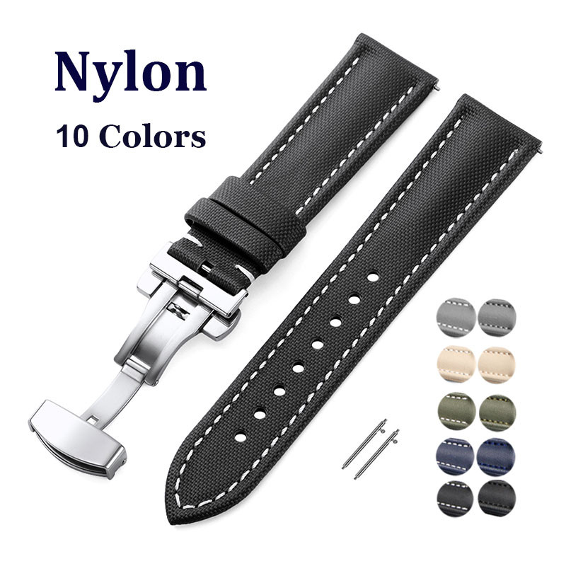 Double-Sided Design Nylon+Genuine Leather Watch Band Waterproof ...