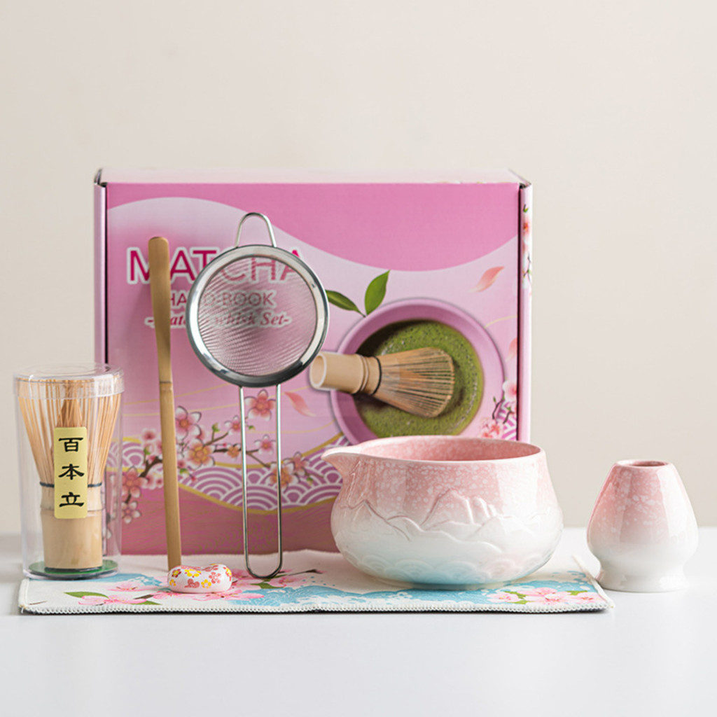 Pink Matcha Stirring Set Ceramic matcha bowl with spout matcha mixer ...