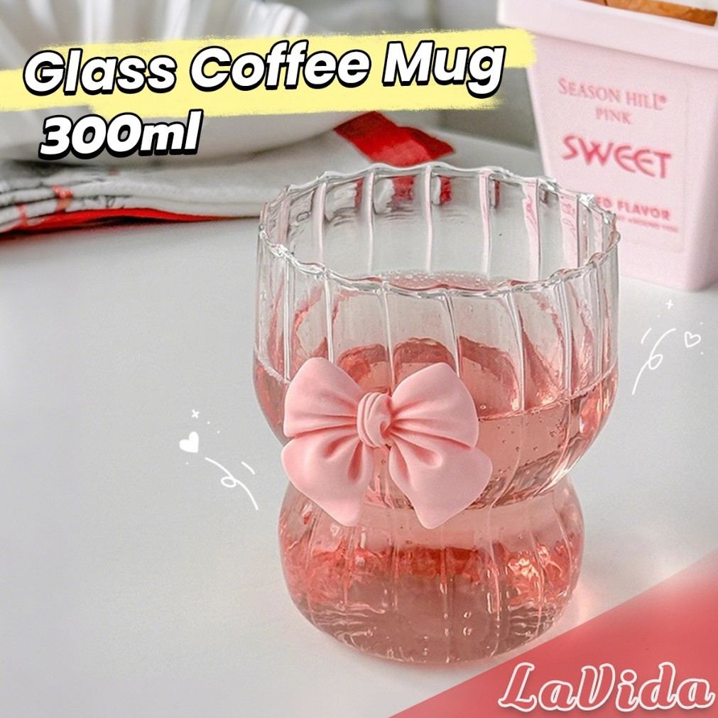 LVD 300ml Cute Bow Shaped Glass Cup Coffee Cup Transparent Cold Drink ...