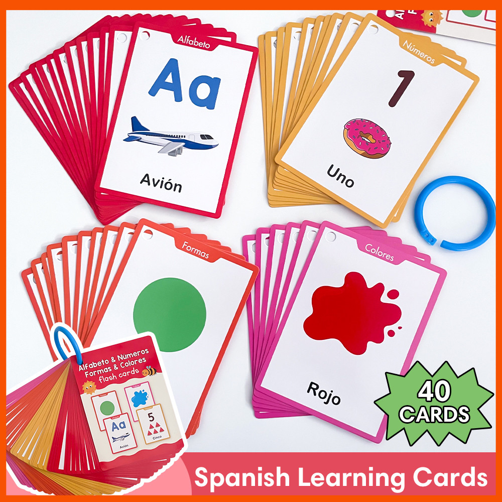 40 Cards Spanish Learning Flash Cards Alphabet Number Shape & Color Fun ...