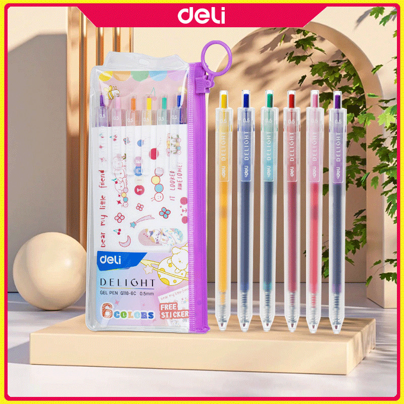 Deli 6Pcs Gel Pen Set Different Color 0.5 mm Press Colored Marker Pen ...