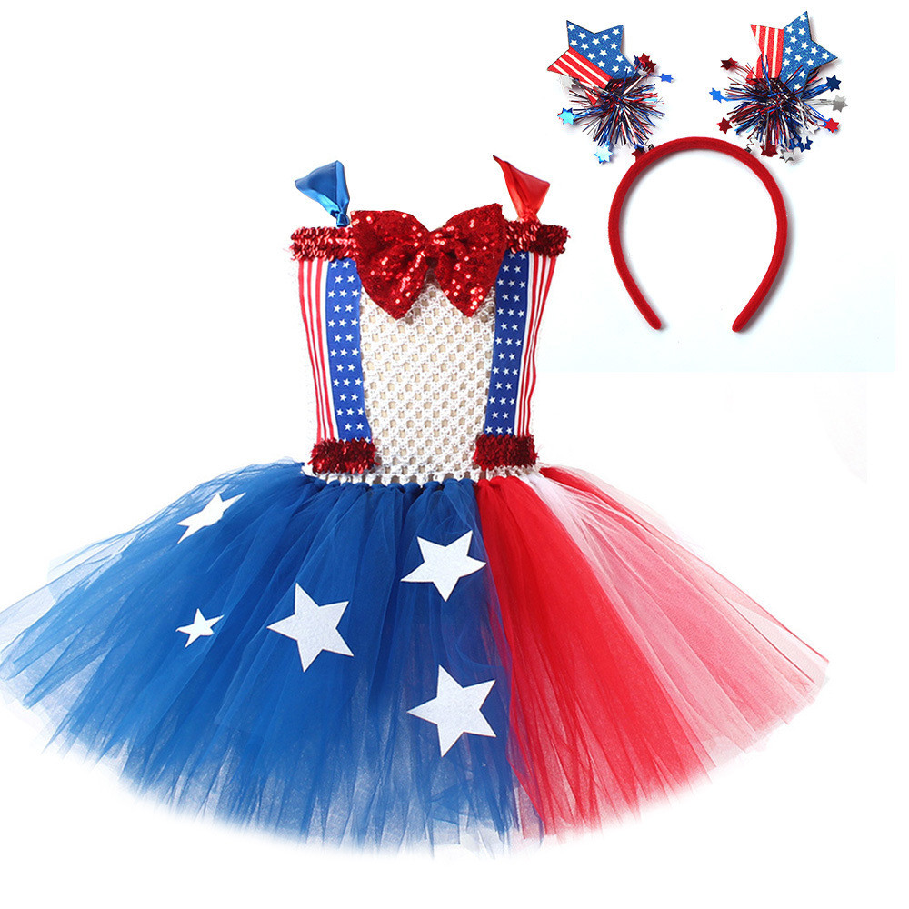 Girls Tutu Dress Suit American Flag Sequin Bow Costume USA Independence ...