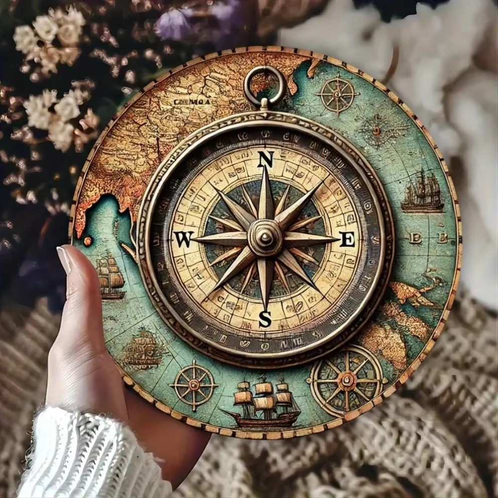2D Vintage Nautical Compass Aluminum Sign, Flat Metal Art Wall Decor ...