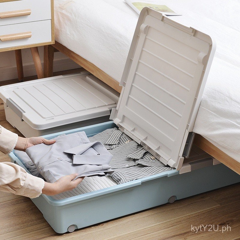 Extra Large Plastic Flat Storage Box with Wheels for Under Bed ...