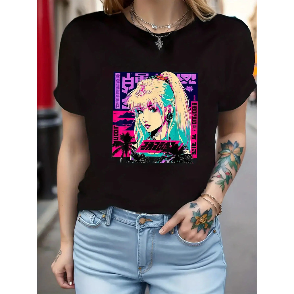 Women'S Retro Anime Graphic T-Shirt - Neon Pink & Cyan Anime Print with ...