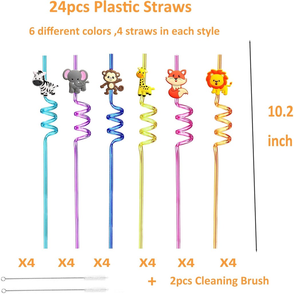 24pcs (6 Styles) Drinking Plastic Straws Reusable Forest Animal Design ...