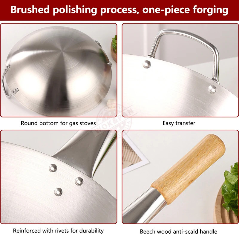 Durable Stainless Stee Wok - Brushed Polish,Beech Wood Handle,Gas Stove ...
