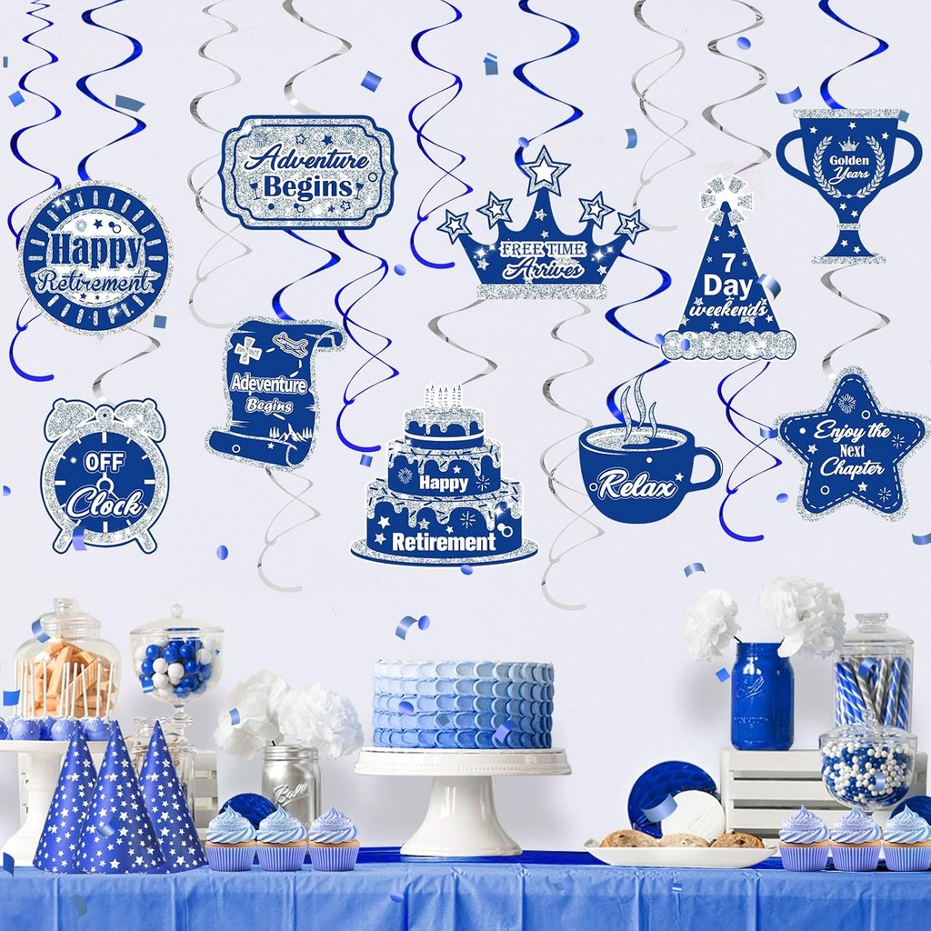 RUMIA 30Pcs Blue Retirement Decorations Navy Blue Silver Retirement ...