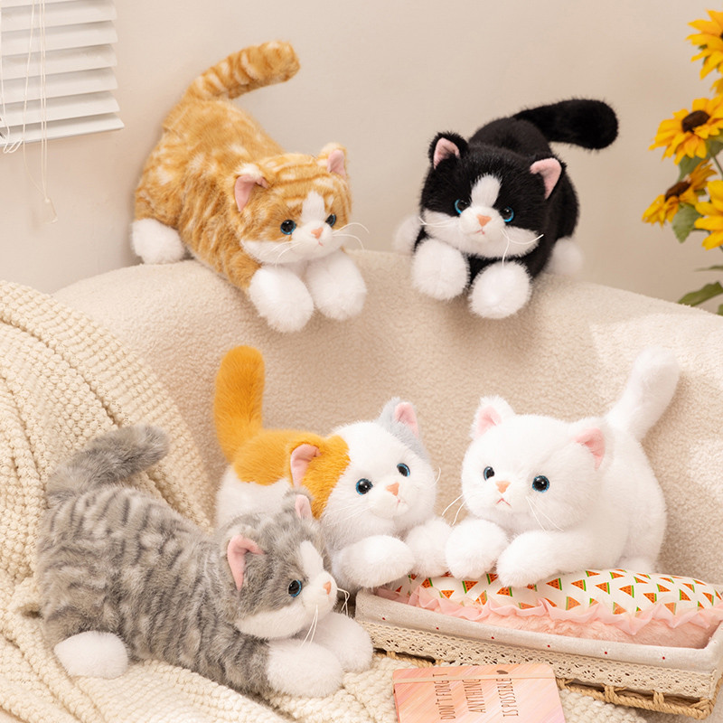 35/45cm Cute Lying Posture Cat Plush Toy Soft Calico Cat Grey Stripe ...