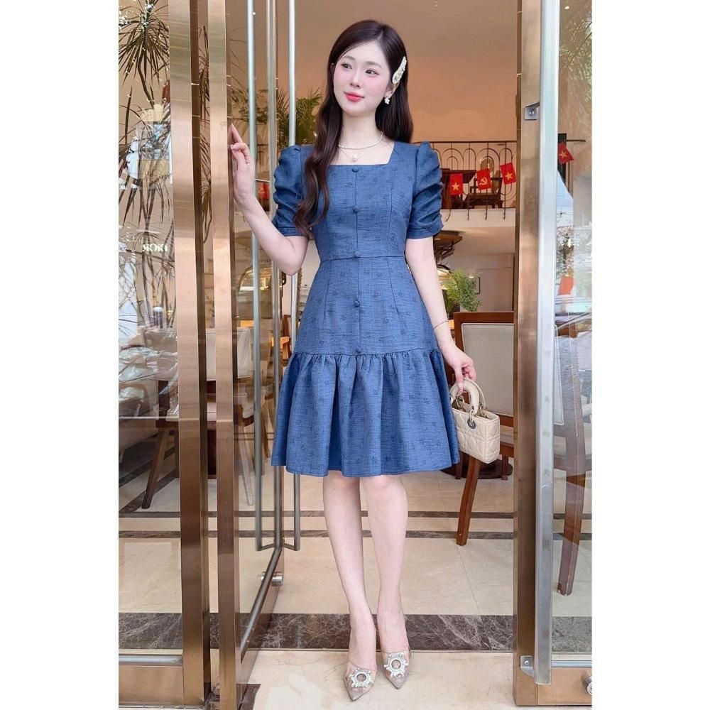 HT soft blue dad dress with square neck, puff sleeves, digoutfif ...