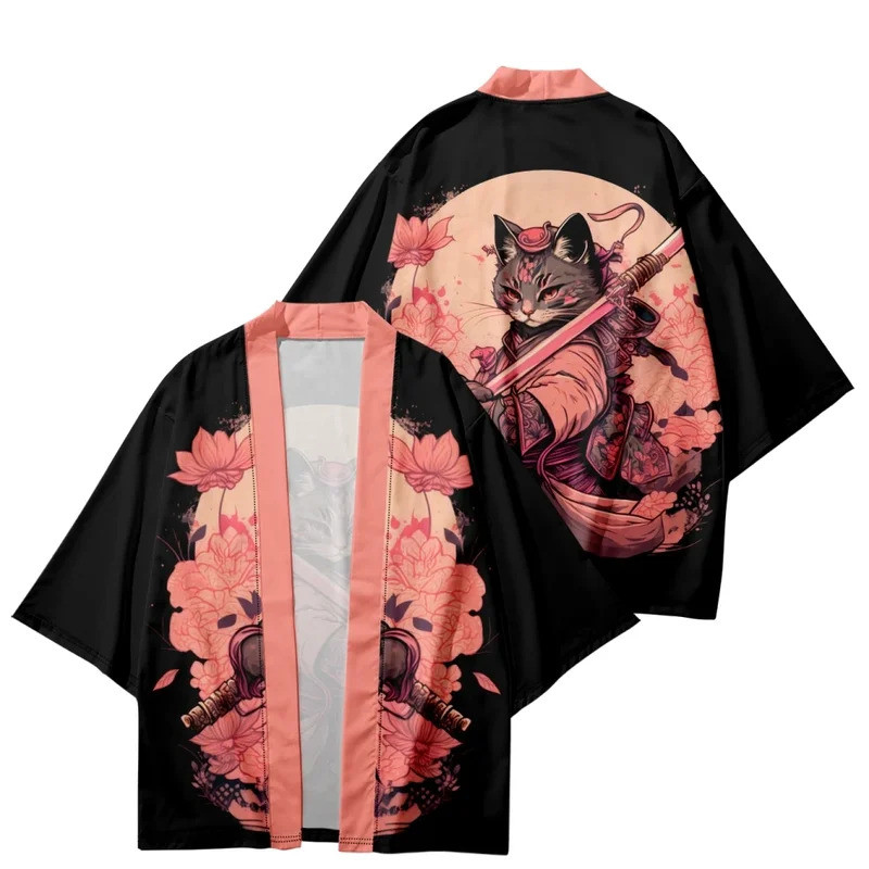 Hot Sale Japanese Samurai Cat Print Kimono Men Children Traditional ...