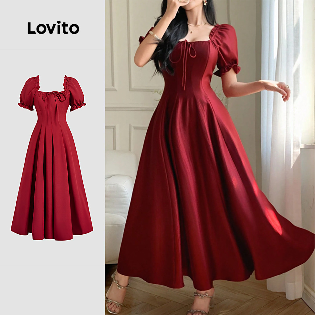 Lovito Women Preppy Dress Lace Up Zipper Spring/summer Red Dress ...