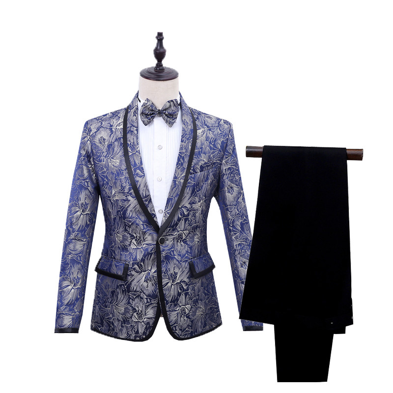 Men Blue Jacquard Suit Suit Male British Style Suit Slim-fit Host ...