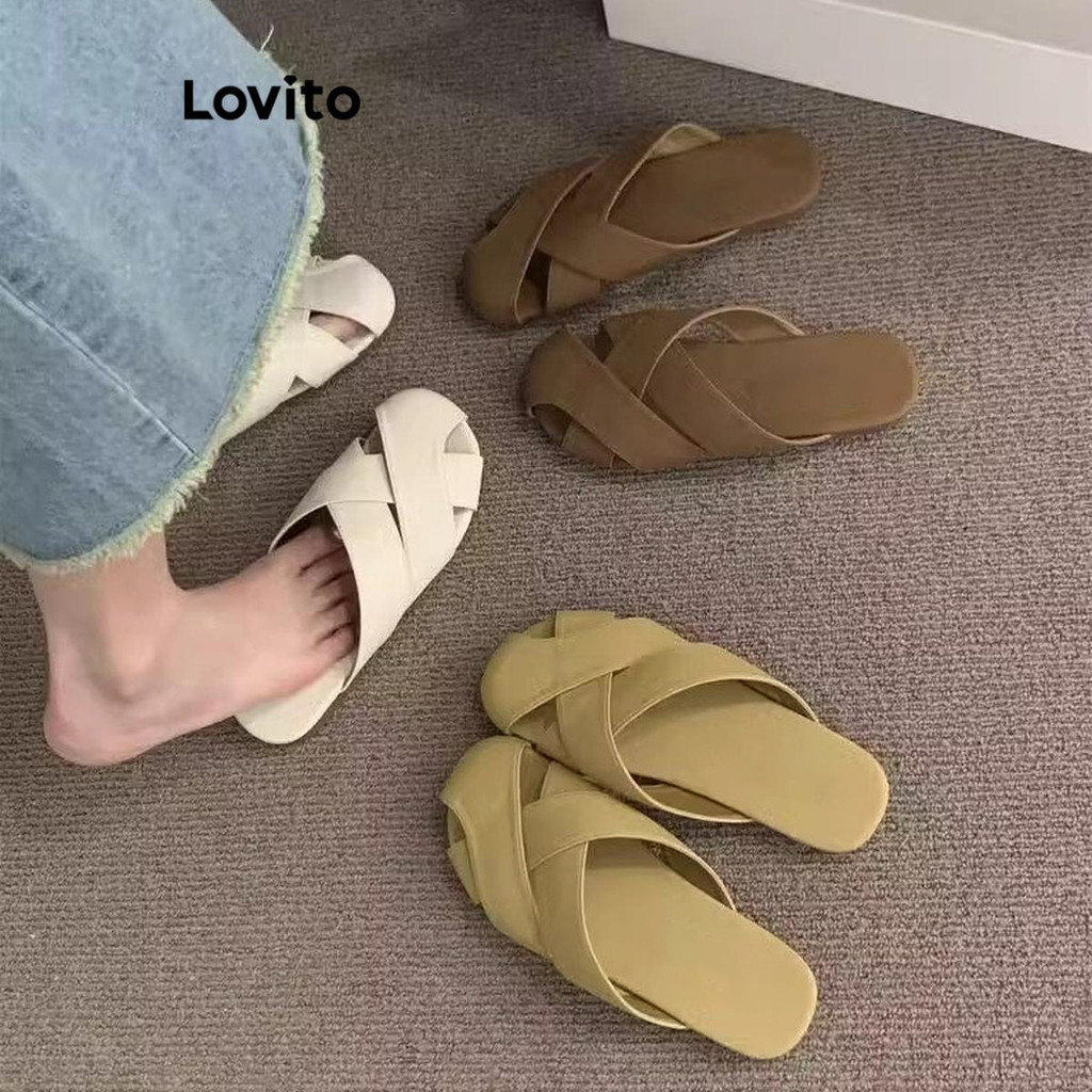 Lovito Women Casual Plain Criss Cross Antiskid Flip Flop Commute Belts ...