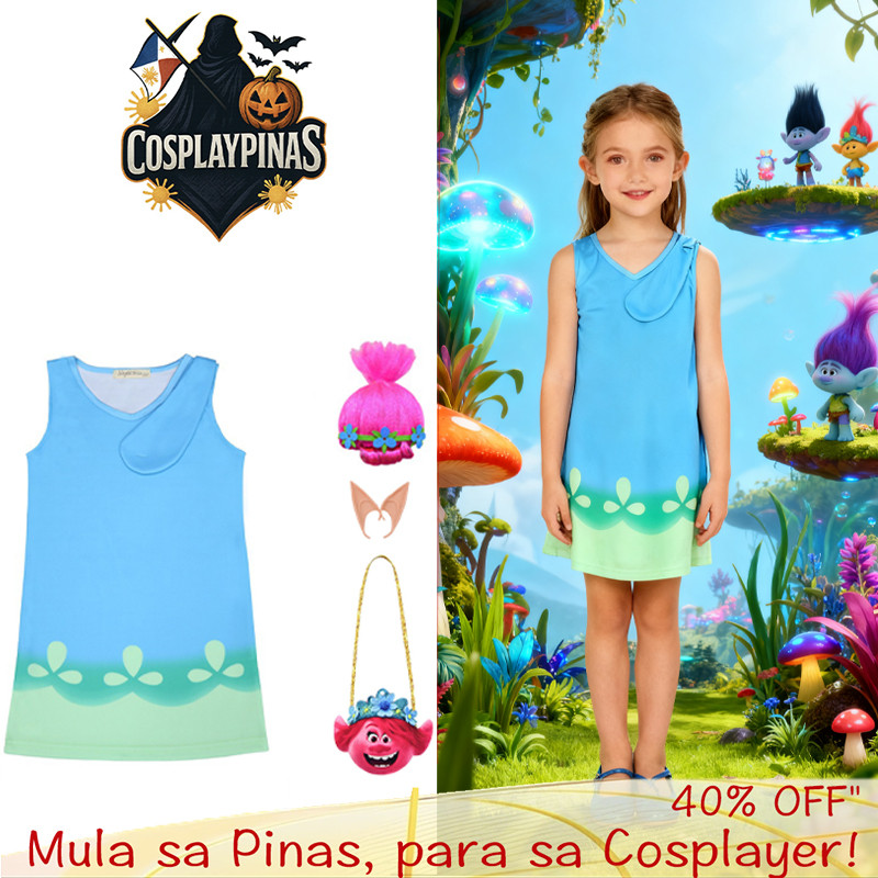 Cartoon Trolls Poppy halloween costume for kids girl princess Dress Wig ...