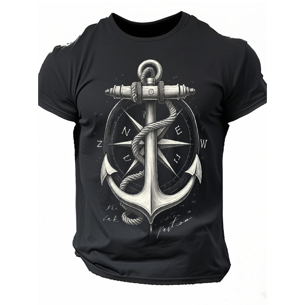 Men's Vintage Nautical Anchor & Compass Graphic T-Shirt - Black & White ...