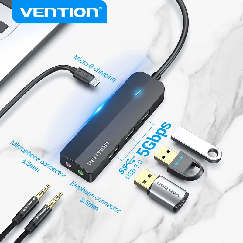 Vention USB 3.0 Hub 2 in 1 External Stereo Audio Adapter for Laptop PC ...